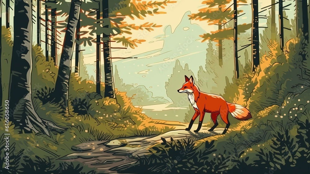cartoon fox in the forest . Fantasy concept , Illustration painting ...