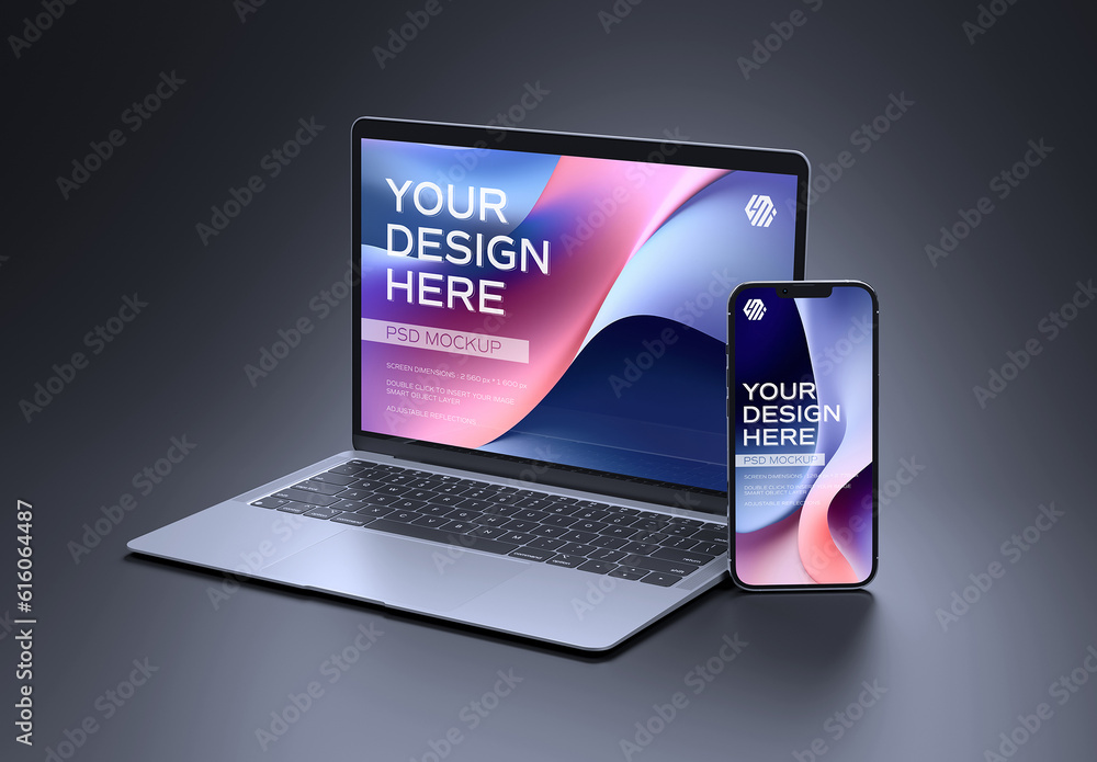 Mobile Phone and Laptop Mockup On Dark Background plantilla de Stock | Adobe Stock