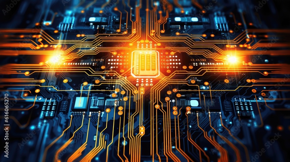 Orange and blue technology background circuit board and code, blue ...