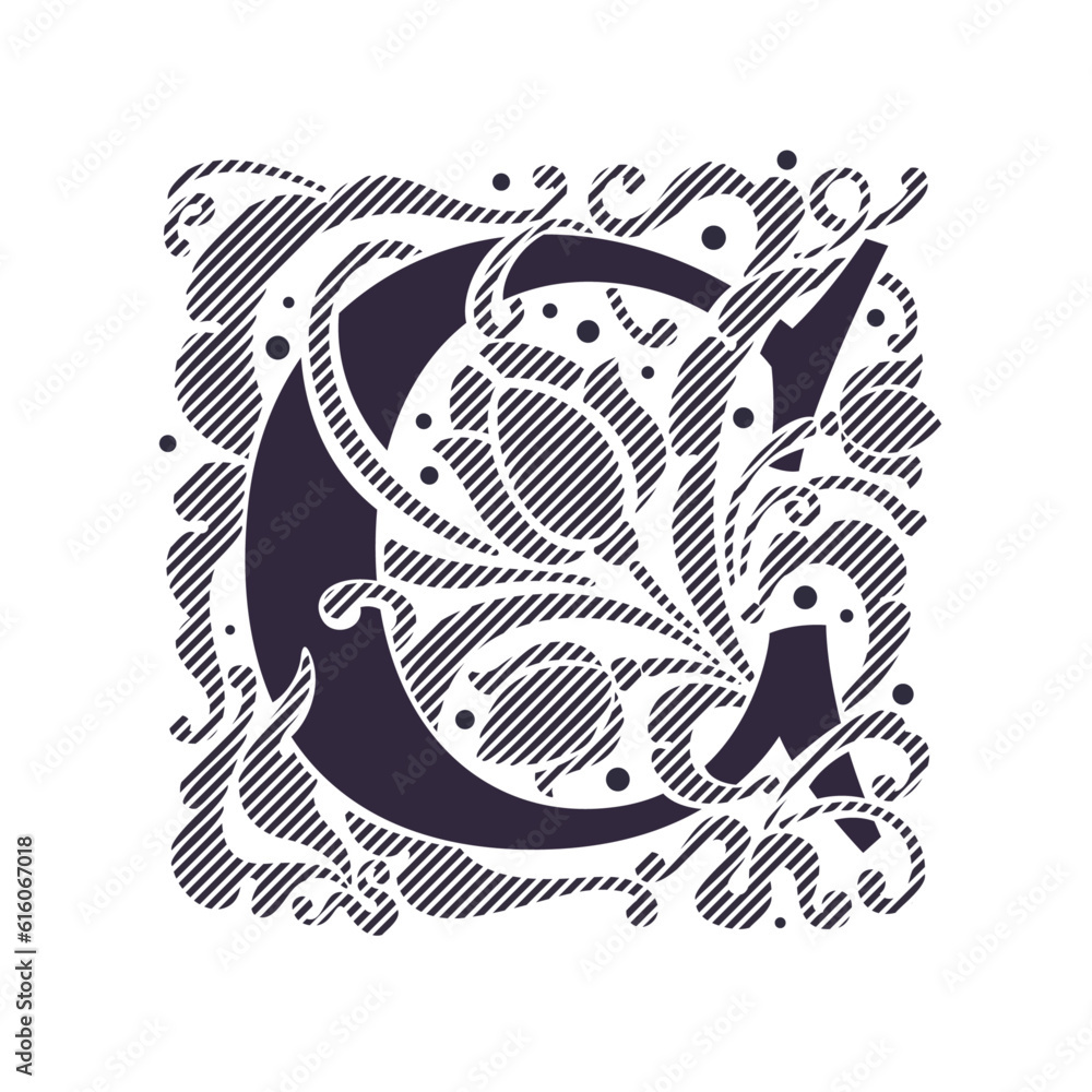 Medieval capital letter C logo in floral ornament and diagonal hatching ...