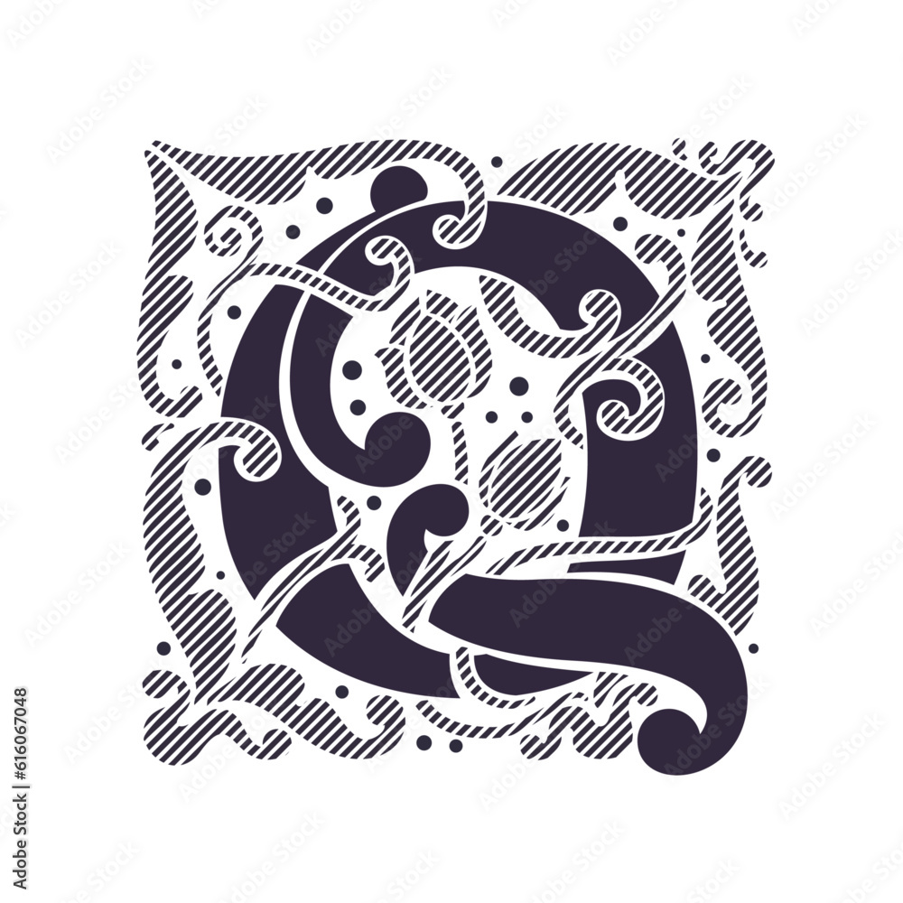 Medieval capital letter Q logo in floral ornament and diagonal hatching ...