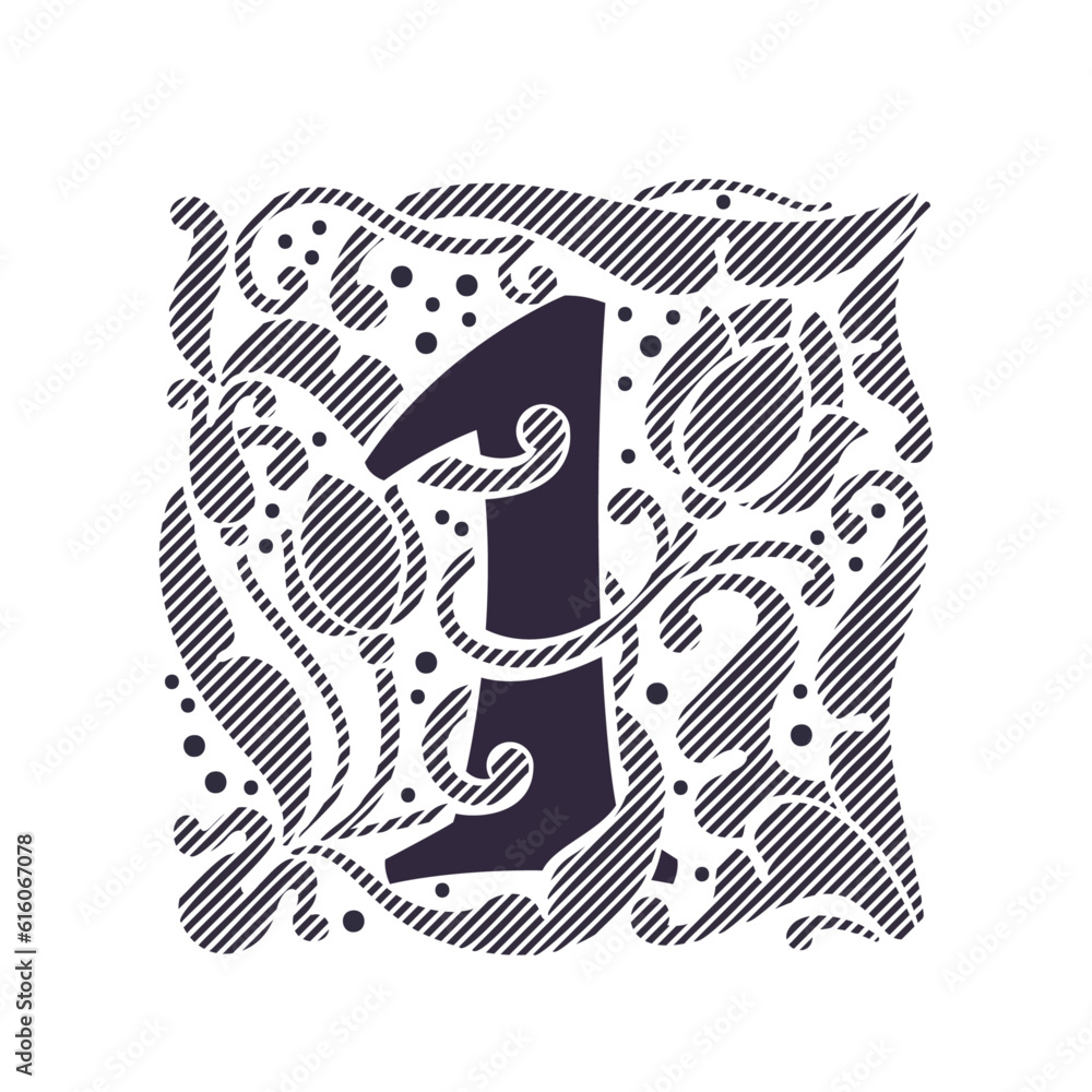 1 logo. Medieval number one in floral ornament and diagonal hatching ...