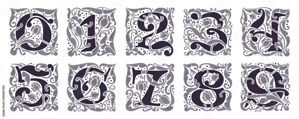 Medieval numbers set in floral ornament and diagonal hatching. Vintage ...