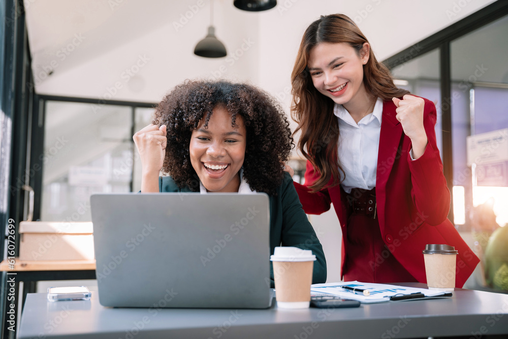 Happy smiling business woman feel happy work complete Teamwork success ...