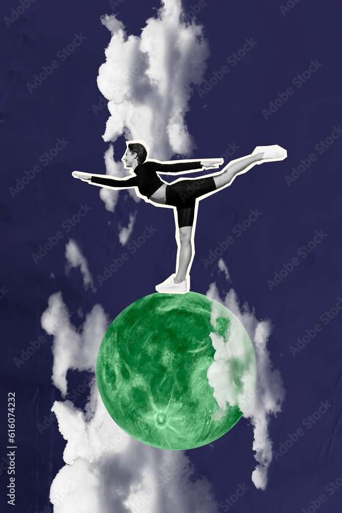 Vertical collage image of black white colors girl stand one leg big ...