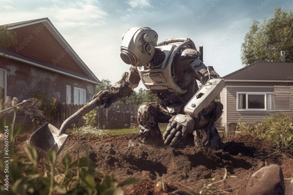 robot android digging a ground on the backyard, ai tools generated ...