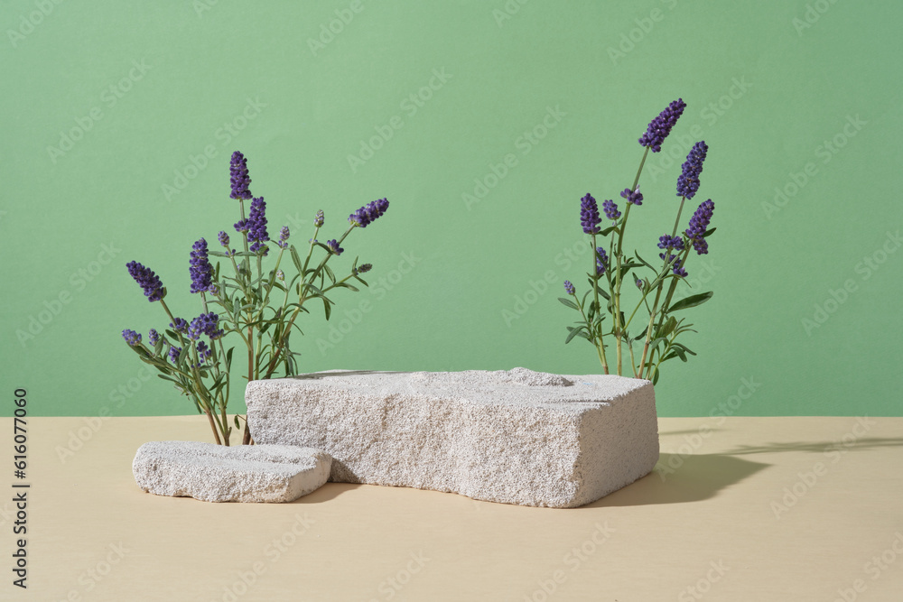 Poster Broken stone podiums featured over pastel green background with lavender flowers – Wall ...