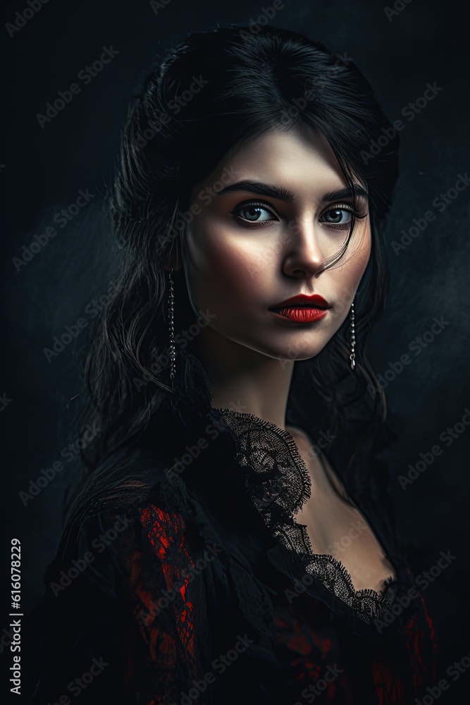 Mysterious and attractive female vampire on a black background. Cover ...