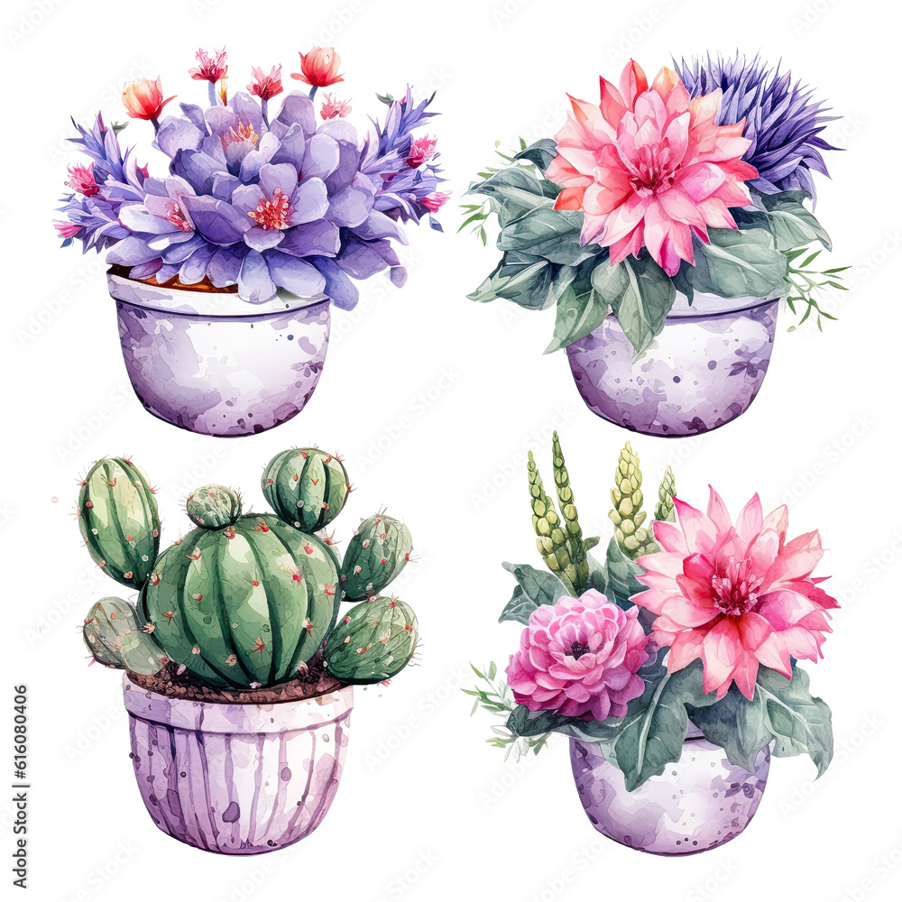 Watercolor purple cactus flowers clip art illustration transparent ...