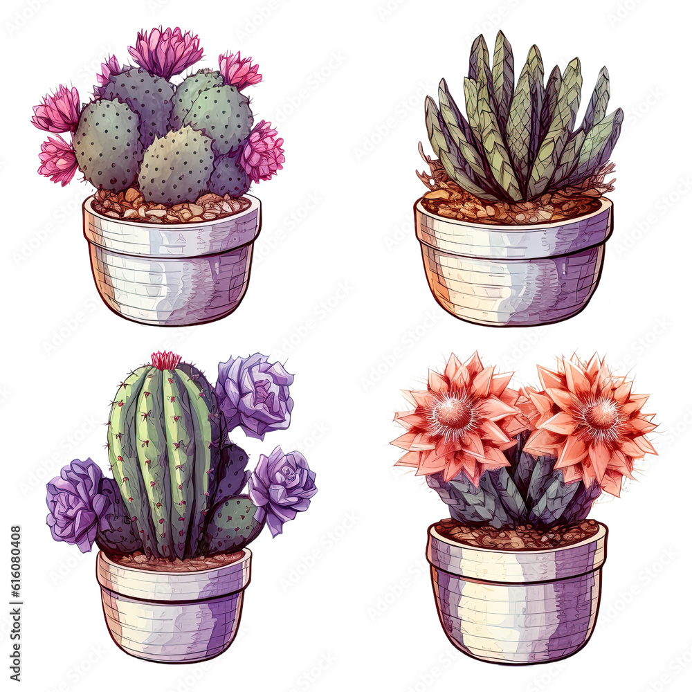 Watercolor purple cactus flowers clip art illustration transparent ...