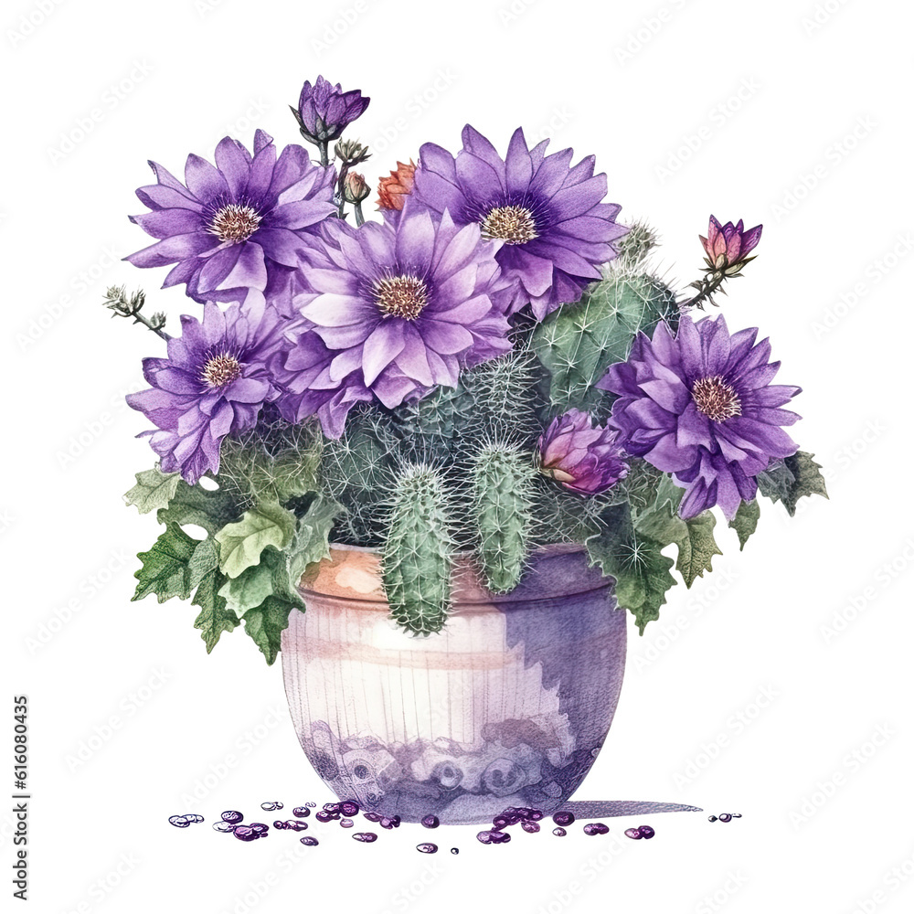 Watercolor purple cactus flowers clip art illustration transparent ...