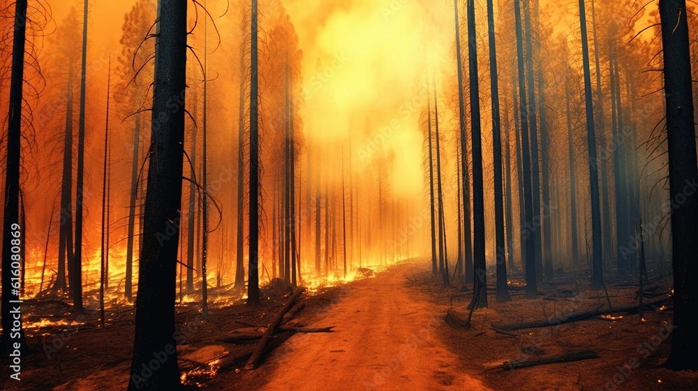 The forest fire burned many hectares of pine trees. Created with ...