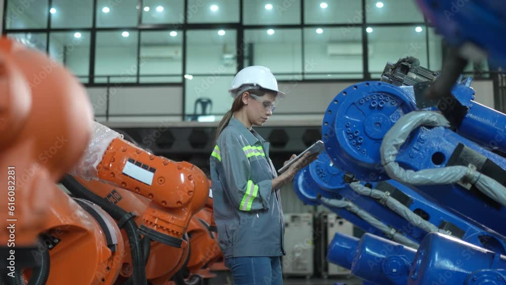 Female technician programs a robot arm with a digital tablet and ...