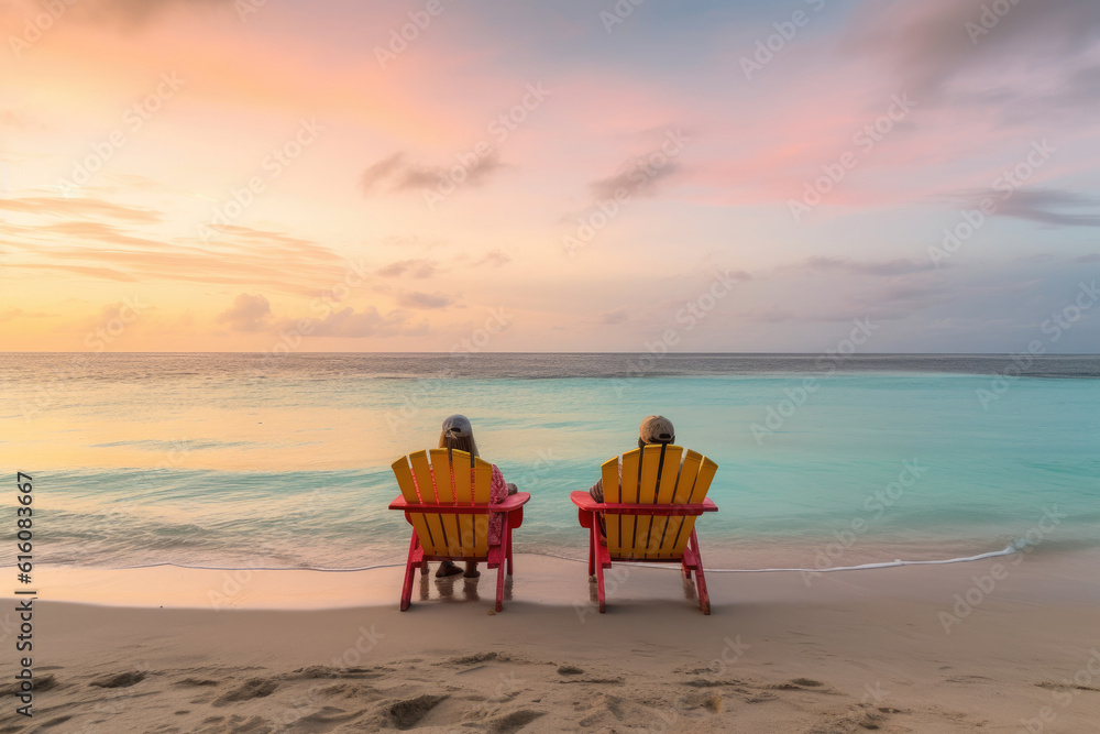 Two people sit in sun loungers on the beach and look at the sea ...