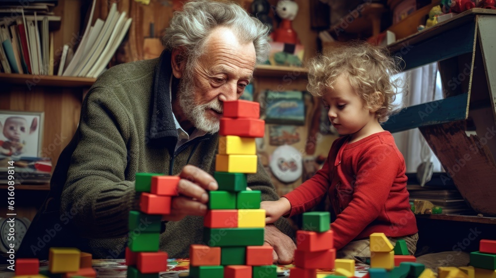 Grandpa helped his two-year-old grandson build a tower with colorful ...