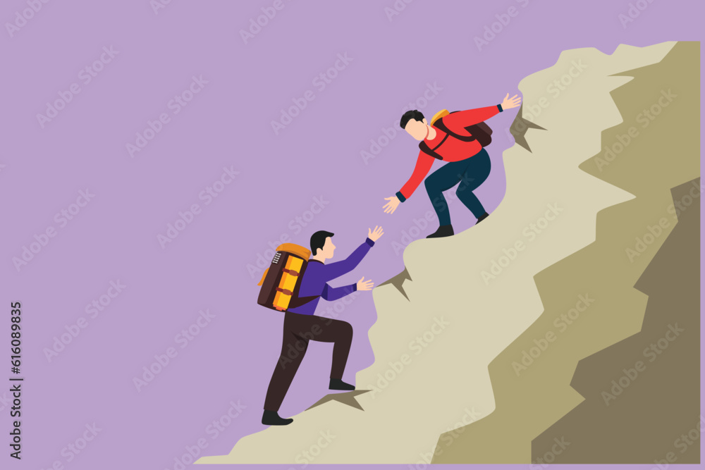 Cartoon flat style drawing of active two men hiker helping each other ...