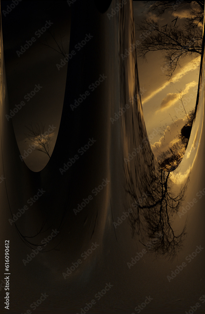 vertical fantasy graphic. surreal forest trees in alien landscape. dark ...