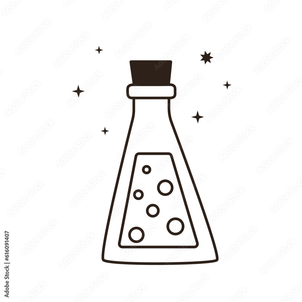 Outline vector illustration of cute potion bottle with bubbles. Hand ...