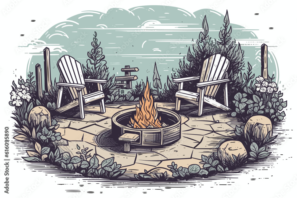 Fire axe on a log backyard fire pit relax vector art illustration on ...