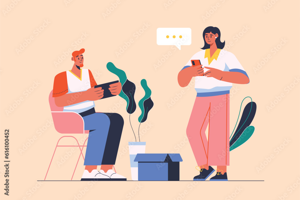 People use gadgets concept with people scene in the flat cartoon design ...