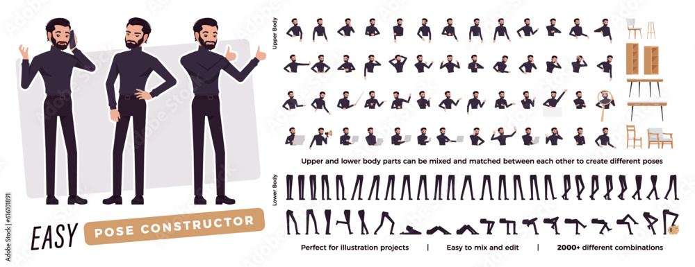Business latino man character easy pose constructor. Office boy drag ...