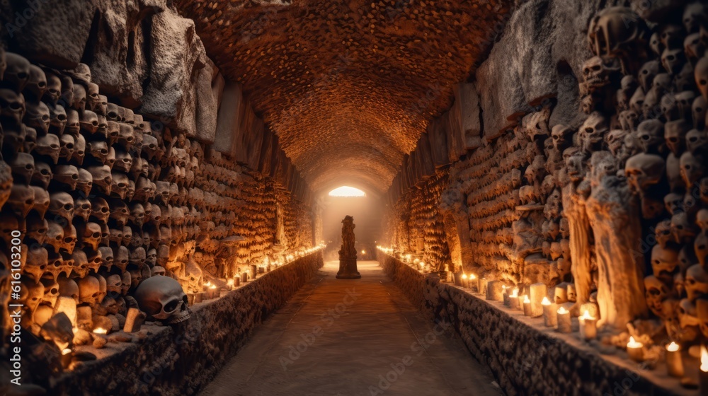Fantasy Scary endless medieval catacombs with torches. Generative AI ...