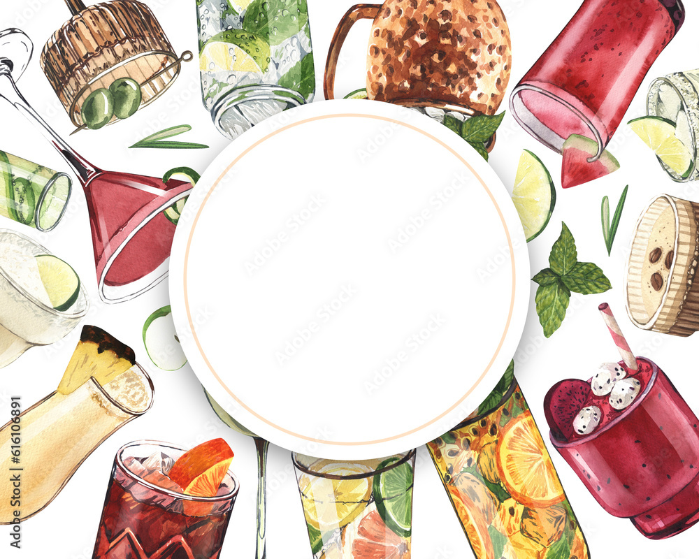 Watercolor frame, cocktail glasses: martini, gin,margarita,mojito ...