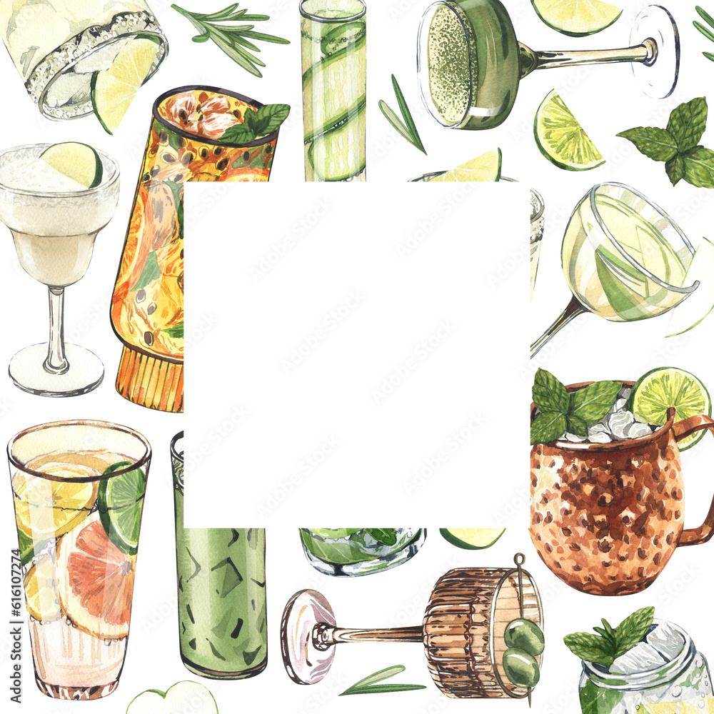 Watercolor frame, cocktail glasses: martini, gin,margarita,mojito ...