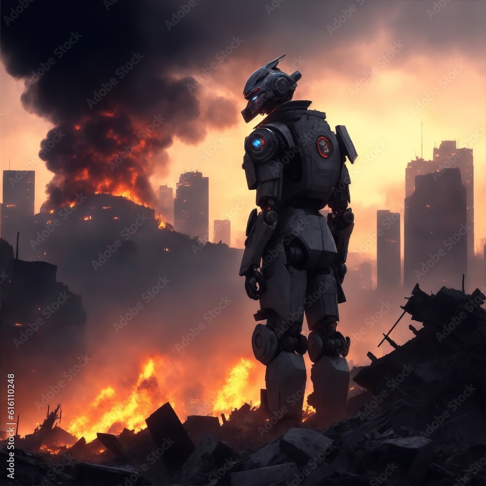 A robotic figure stands atop a pile of rubble in a post-apocalyptic ...