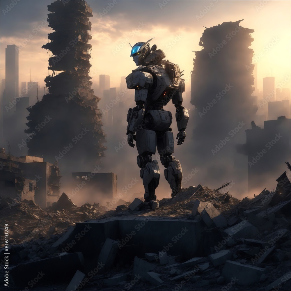 A robotic figure stands atop a pile of rubble in a post-apocalyptic ...