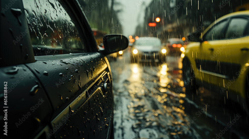 Generative ai illustration of a Car driving in rain and storm abstract ...