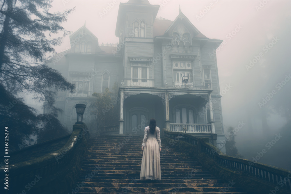 Ghost a victorian woman and old haunted mansion. Horror house Stock ...