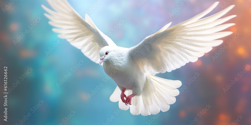 Holy Spirit dove flying with open wings with blurred background and ...