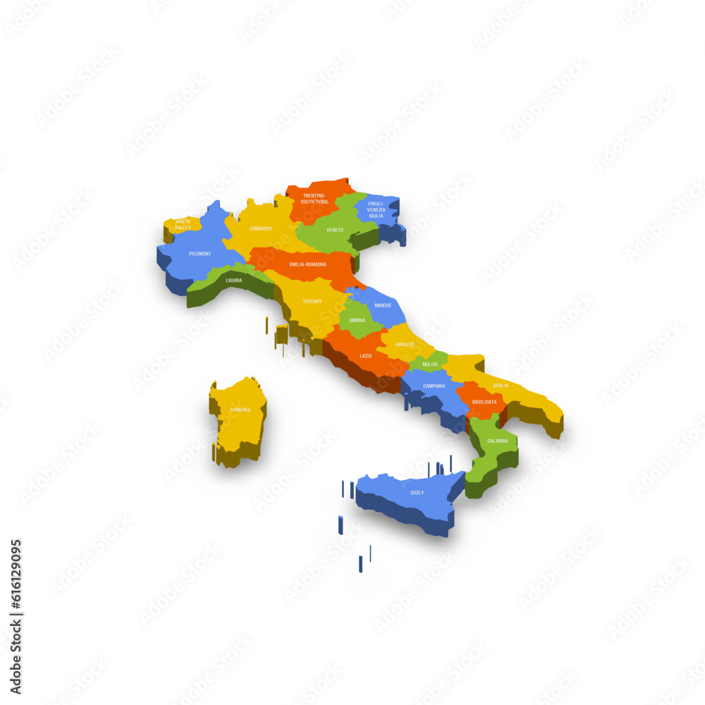 Italy political map of administrative divisions - regions. Colorful 3D ...