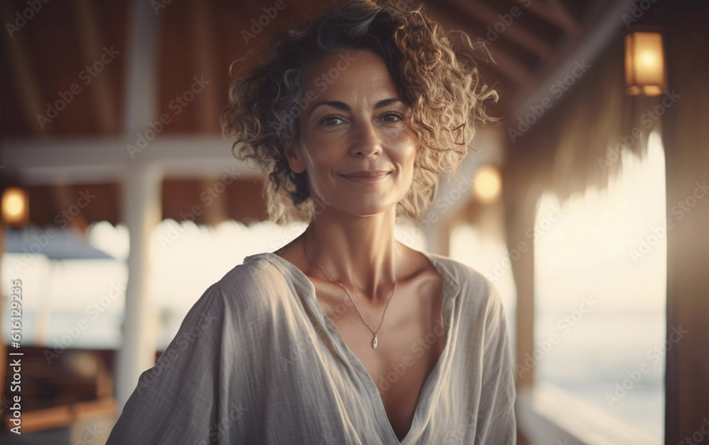 Lifestyle portrait of attractive middle aged woman traveling, tropical ...