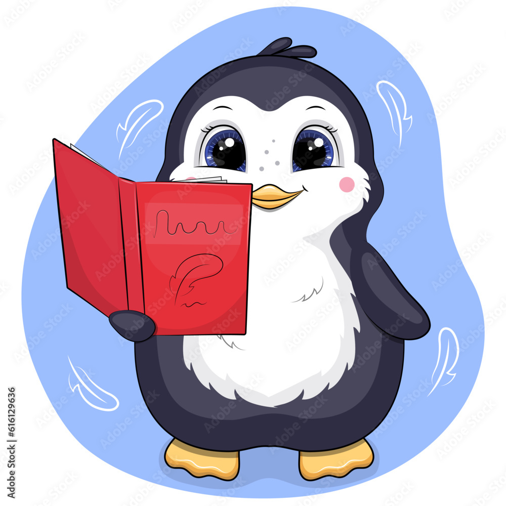 Cute cartoon penguin is reading a red book. Vector illustration of an ...