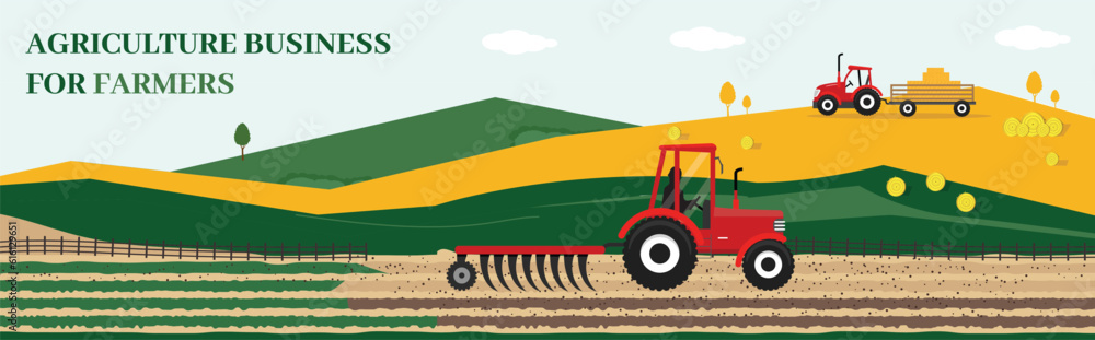 Farm tractor icon illustration with wheat field in the background ...