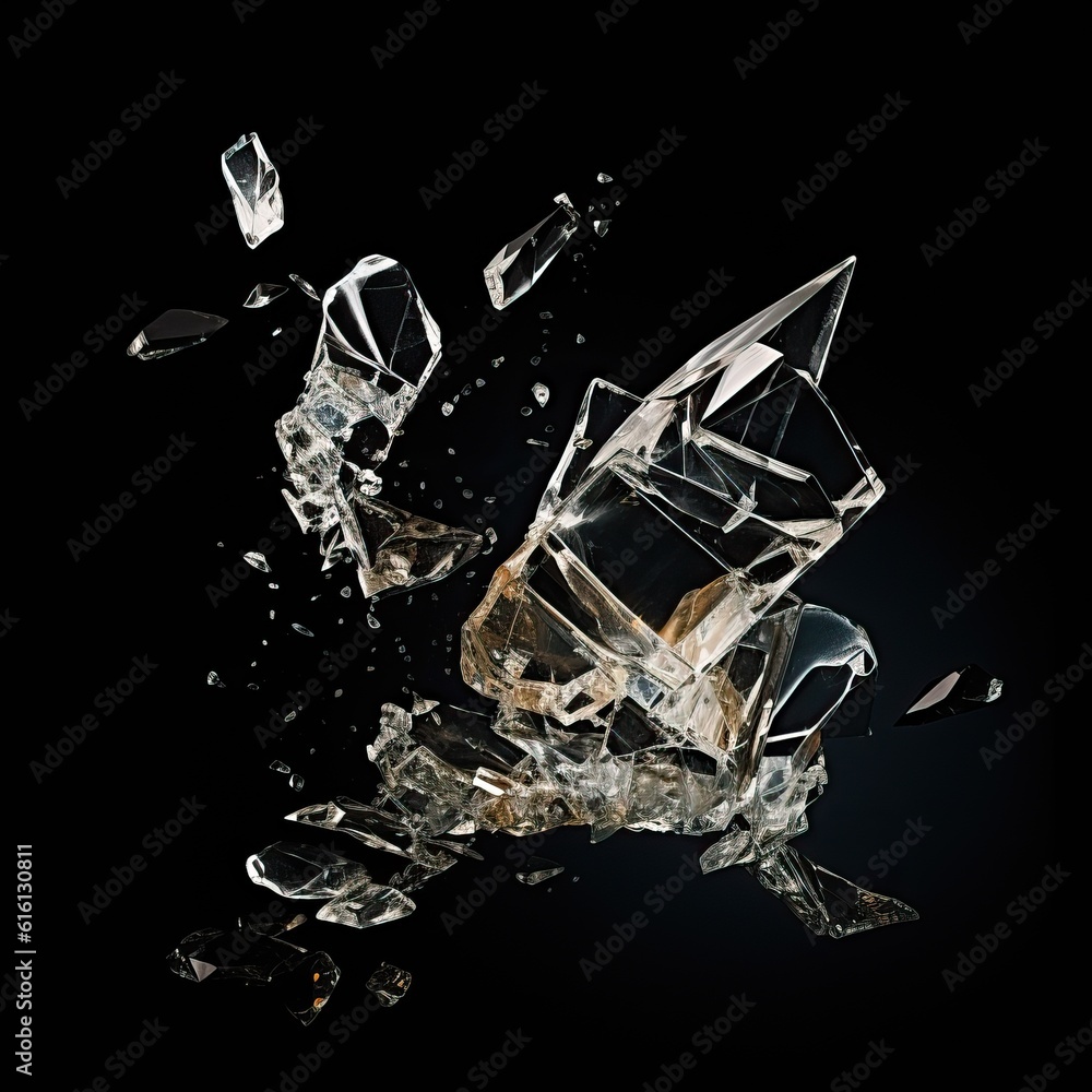 cracked glass object on black background, smashed glass texture, shards ...