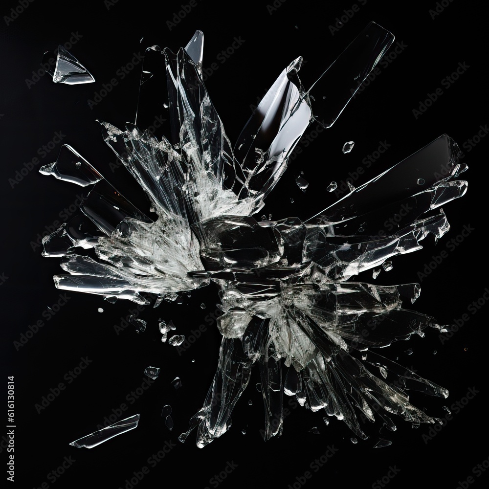 cracked glass object on black background, smashed glass texture, shards ...