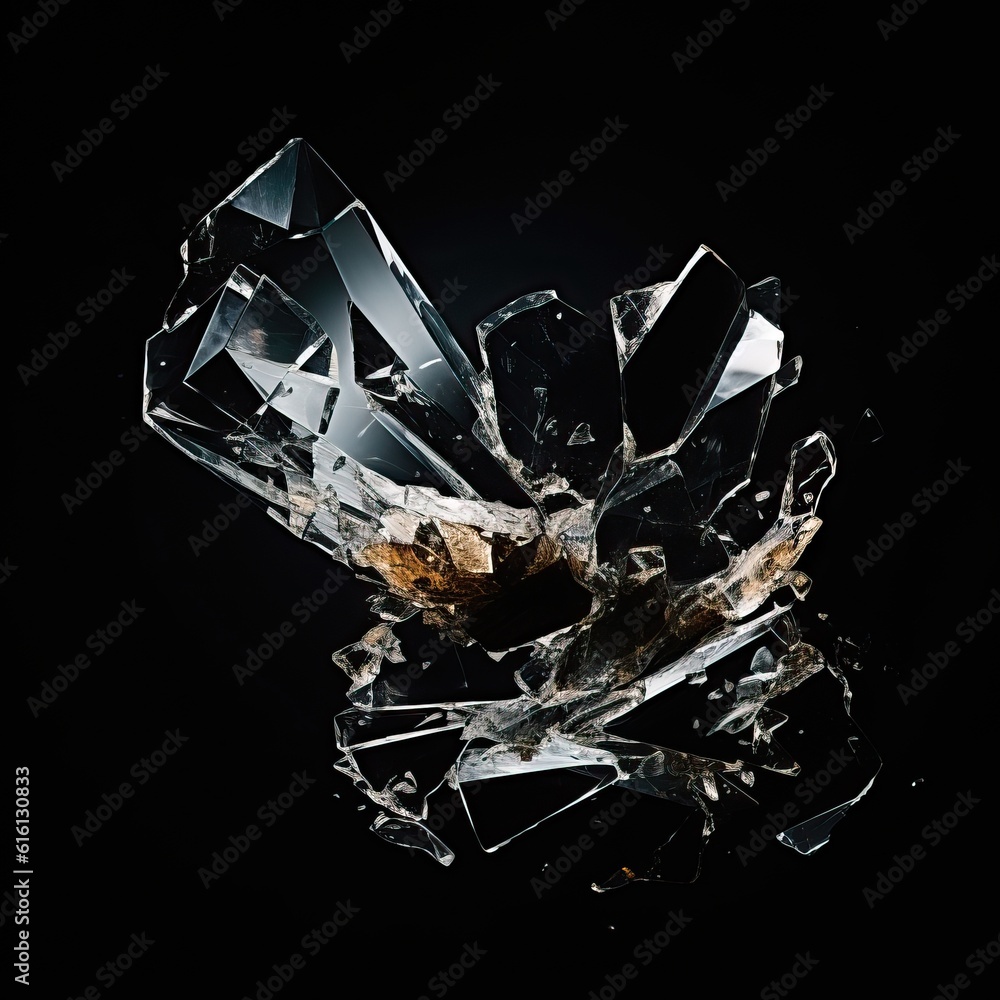 cracked glass object on black background, smashed glass texture, shards ...