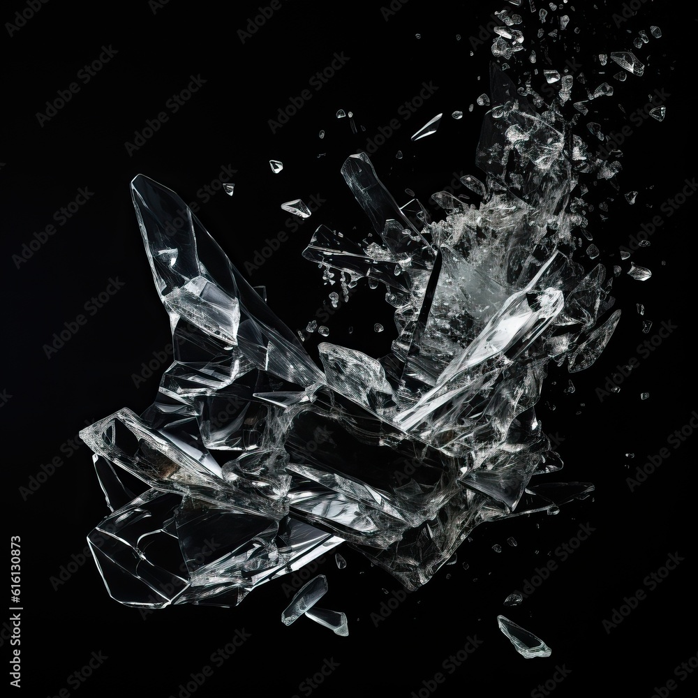 cracked glass object on black background, smashed glass texture, shards ...