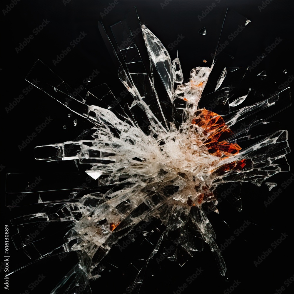 cracked glass object on black background, smashed glass texture, shards ...