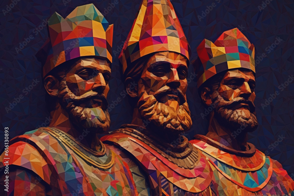 An abstract depiction of Assyrian kings and queens, with bold lines and ...