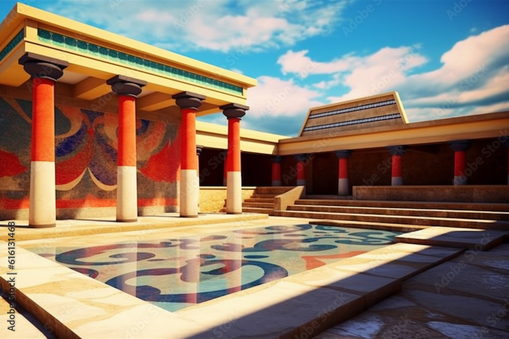 An image showcasing an abstract representation of a Minoan palace, with ...