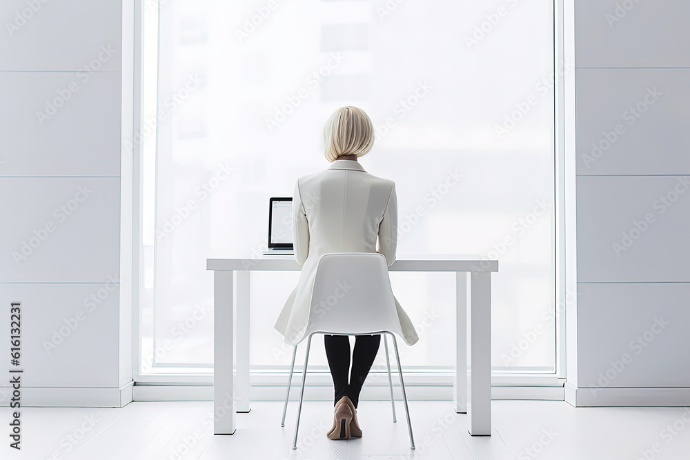 Businesswoman in white suit sitting on chair from back over office ...