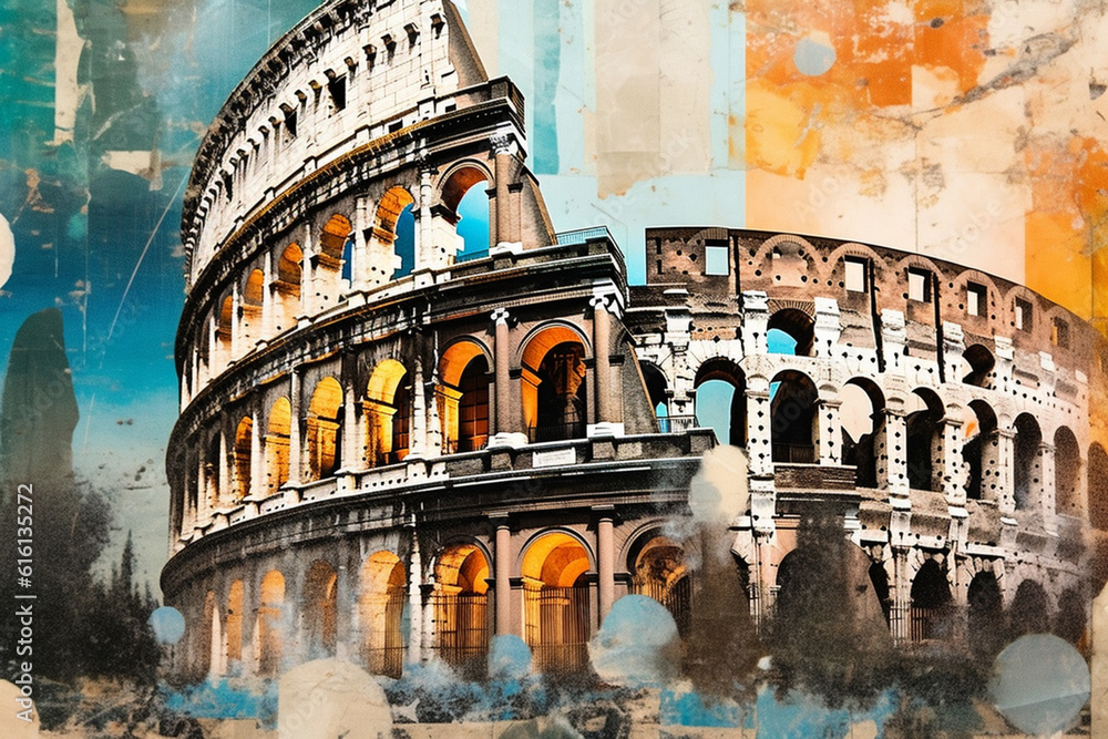 A mixed media collage combining photographs of the Colosseum with ...