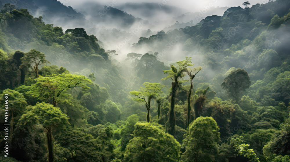 Top View of the Forest. A heavy rainstorm creates a misty jungle, full ...