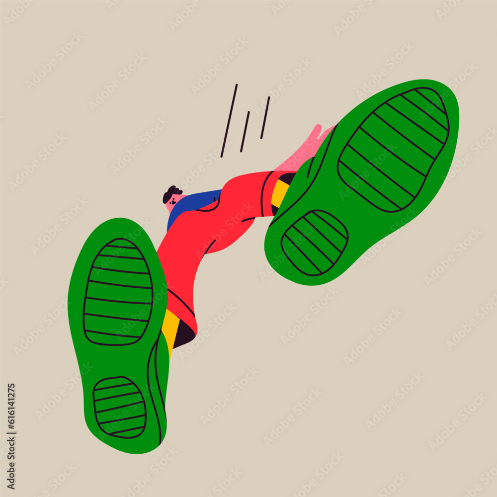 Vecteur Stock Person falling down from above. Bottom view, giant shoes ...