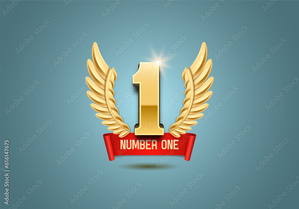 Winner award. Number one. Golden wings with red ribbon. Vector ...