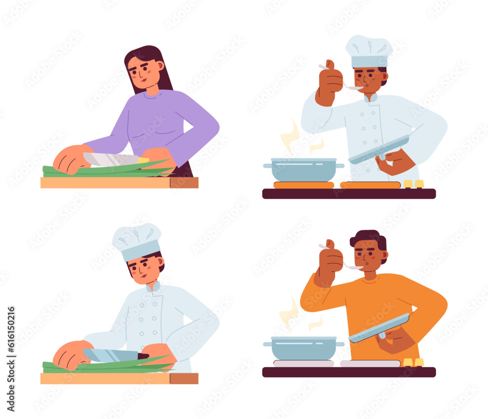 Chefs cooking semi flat colorful vector characters set. Editable thin ...